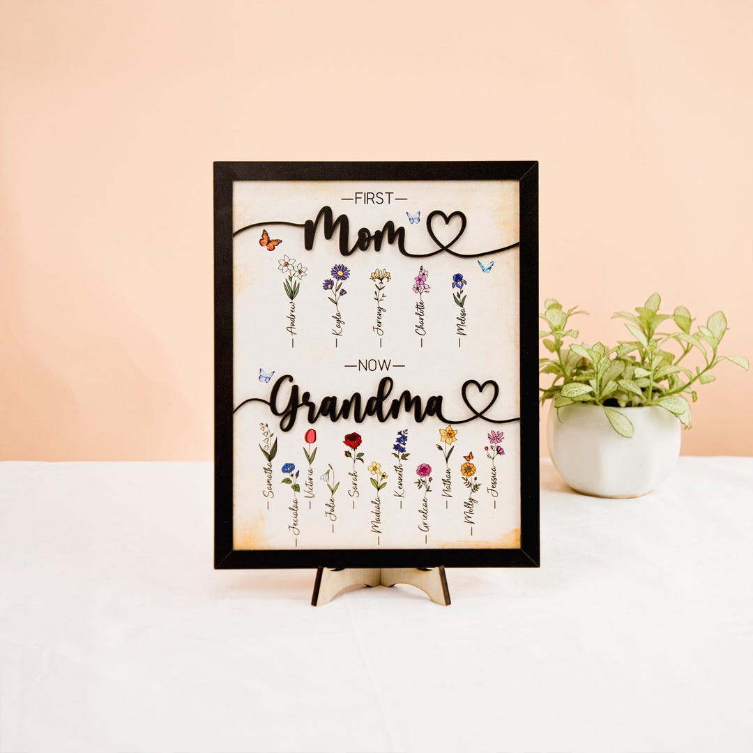 Personalized First Mom Now Grandma Sign – Custom Birth Month Flowers ...