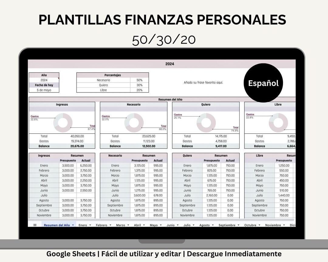 Plantillas De Presupuesto Español 50 30 20 Anual Y Mensual Google Sheets Hojas De Cálculo De ...