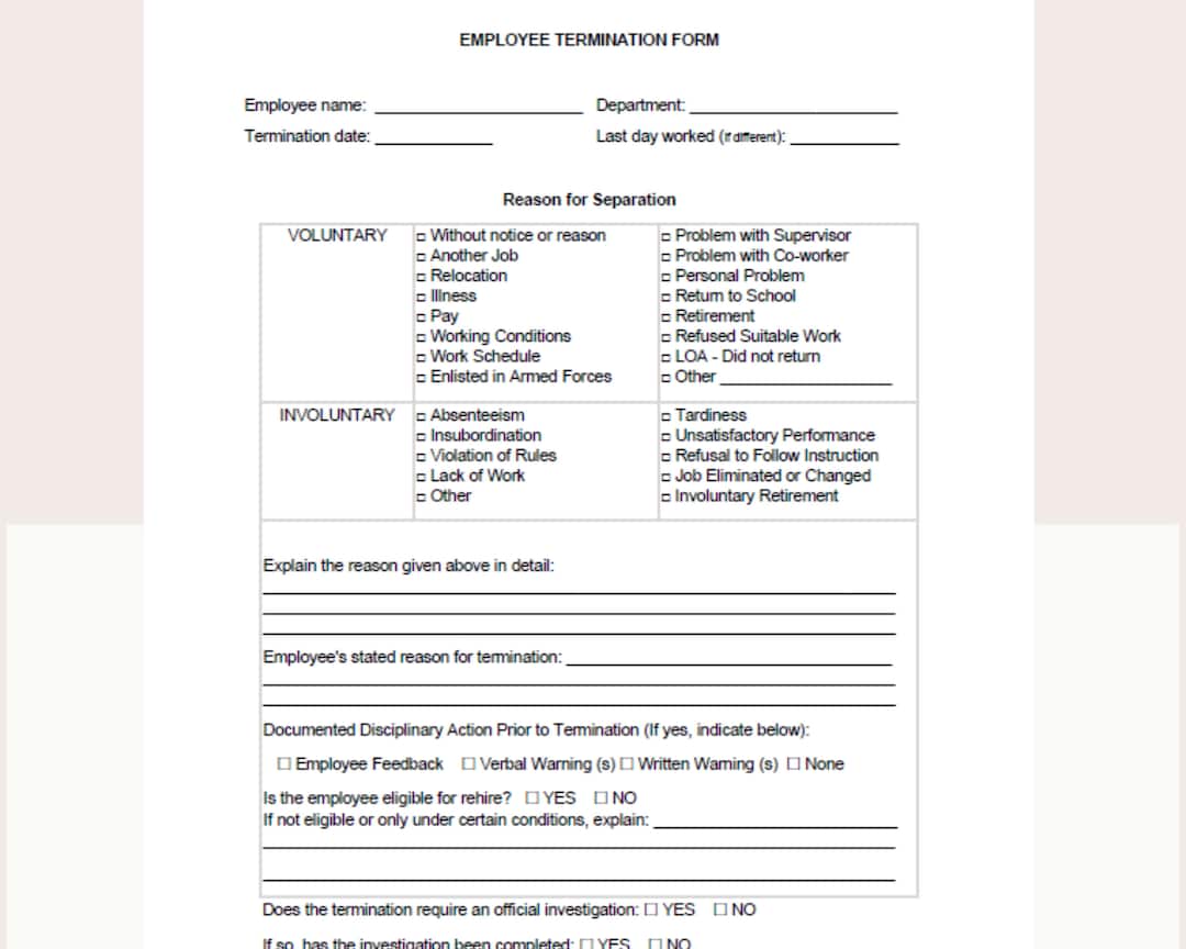 Employee Termination Form Human Resources Template Printable ...