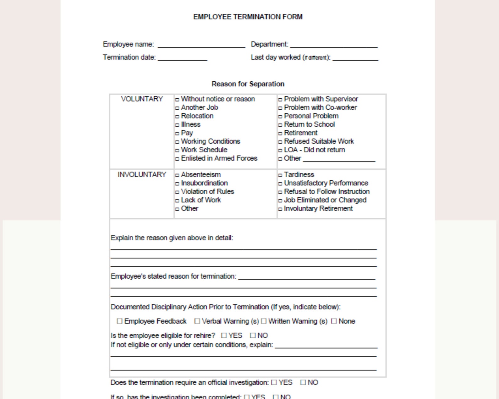 Employee Termination Form Human Resources Template Printable ...