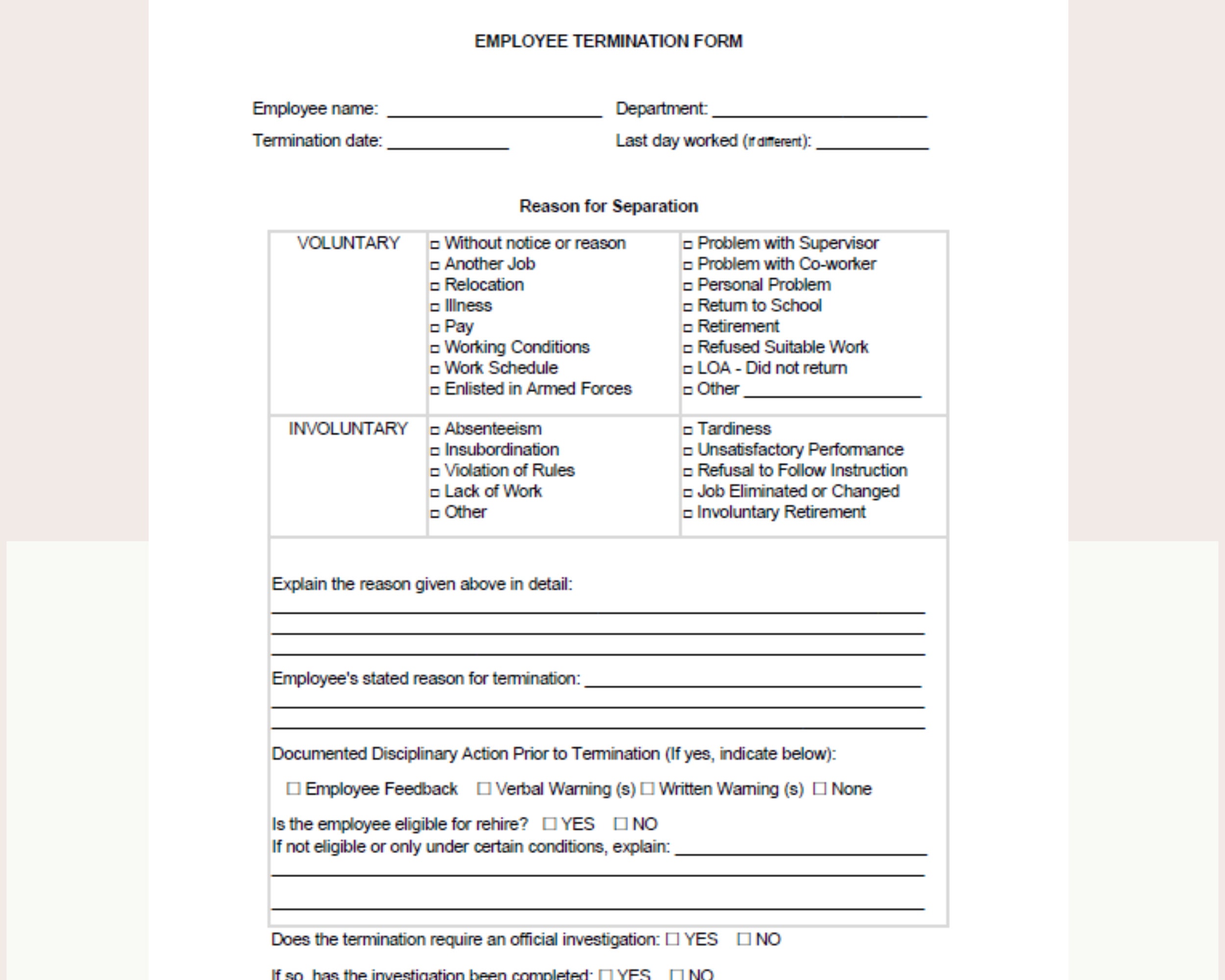 Employee Termination Form Human Resources Template Printable ...