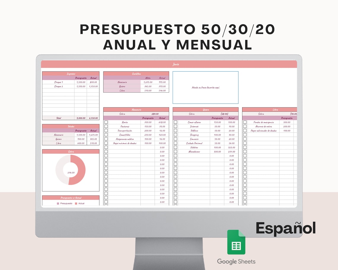 Plantillas De Presupuesto Español 50 30 20 Anual Y Mensual Google Sheets Hojas De Cálculo De ...