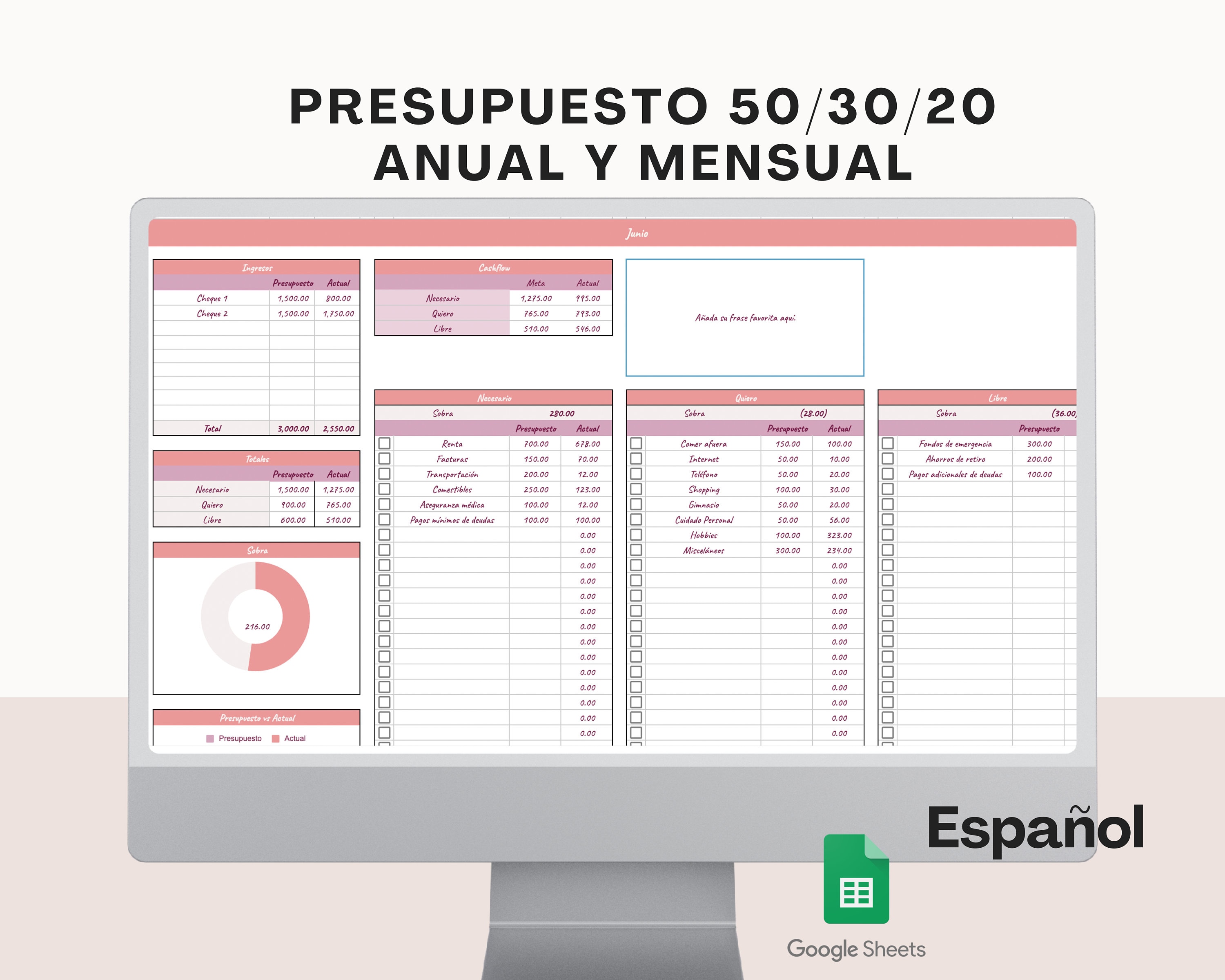 Plantillas De Presupuesto Español 50 30 20 Anual Y Mensual Google Sheets Hojas De Cálculo De ...