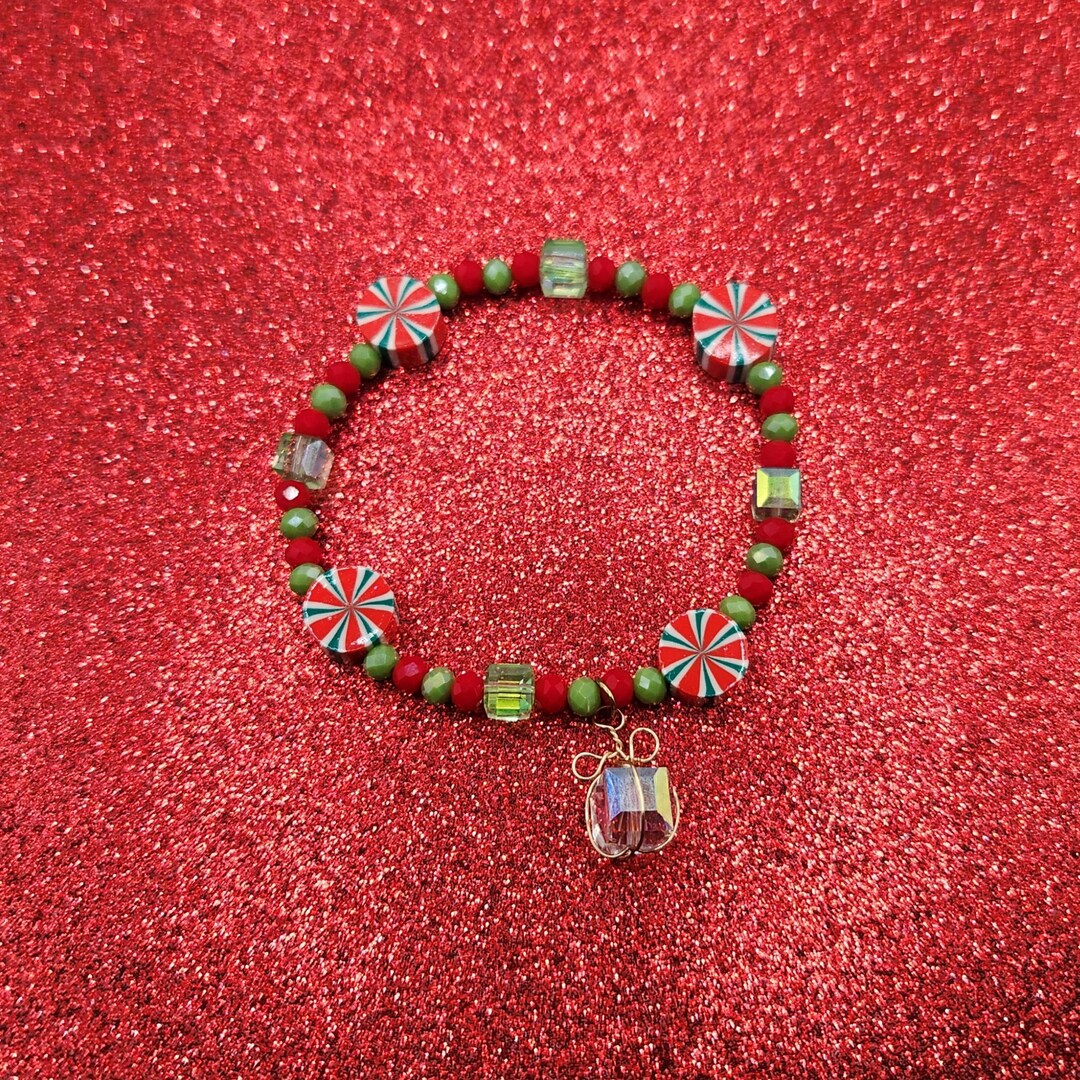 Green and Red Stretchy Beaded Bracelet, Accented With Peppermint Beads ...