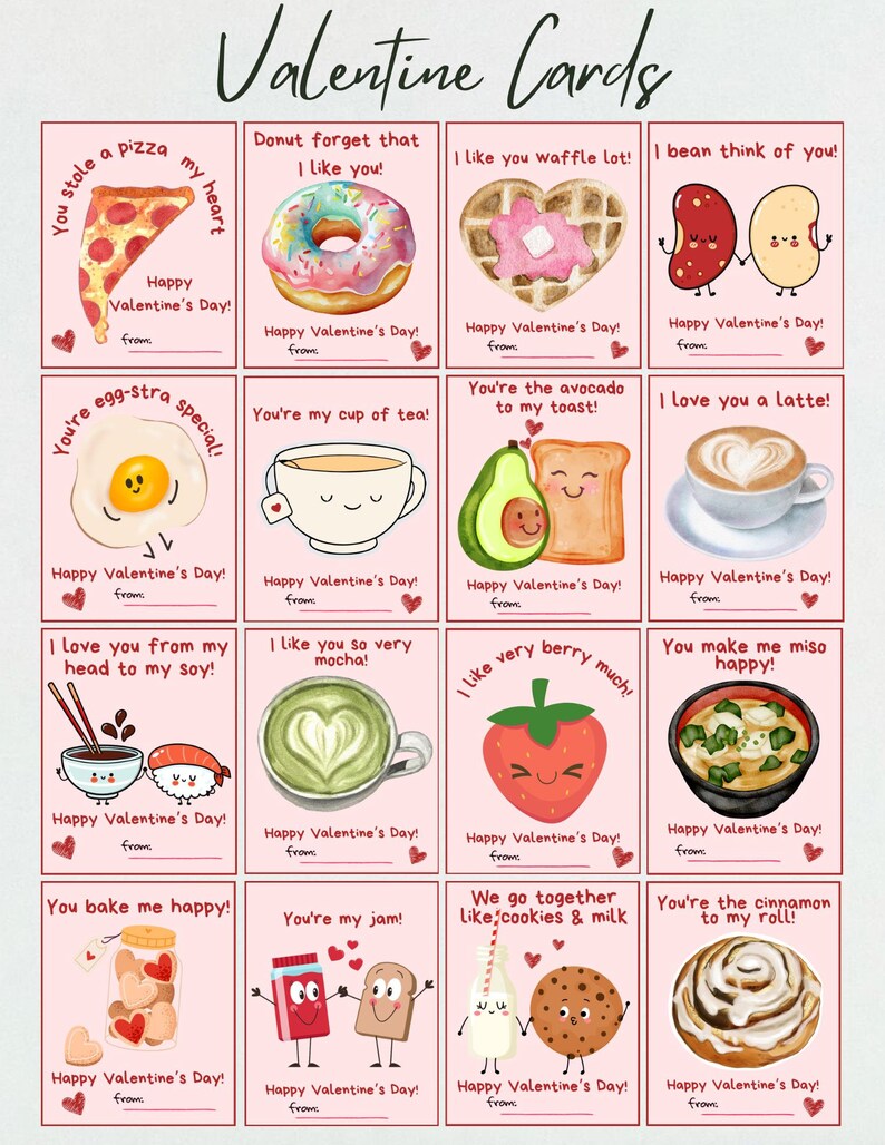 16 Printable Cute Food Pun Valentine's Day Card Set, Valentine's Day ...