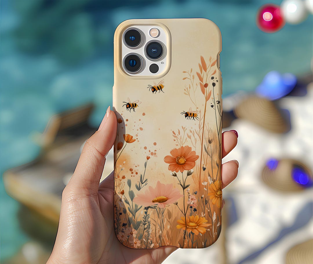 Whimsical Bees iPhone Case, Cartoon Garden, Rustic Wildflowers, Autumn ...