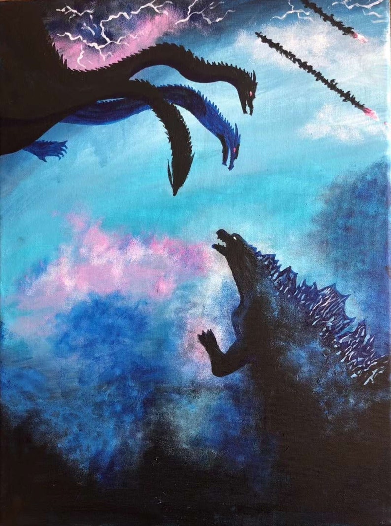 Godzilla- Hand Drawn Acrylic Painting on Canvas - Etsy