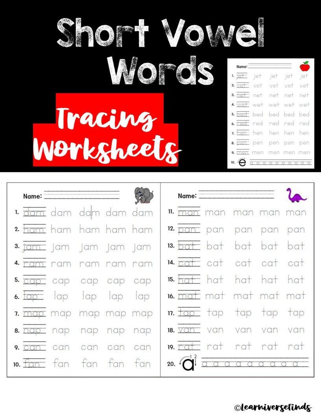 Short Vowel Word Tracing Worksheets - Preschool Learning Printables - Etsy