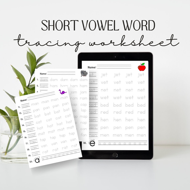 Short Vowel Word Tracing Worksheets Preschool Learning Printables - Etsy