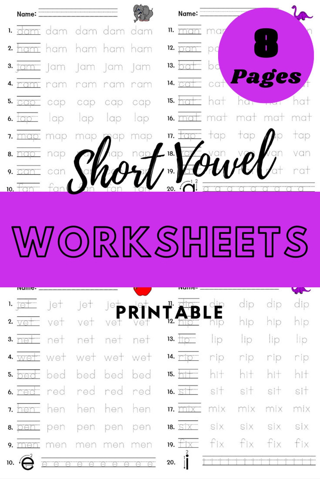 Short Vowel Word Tracing Worksheets Preschool Learning - Etsy