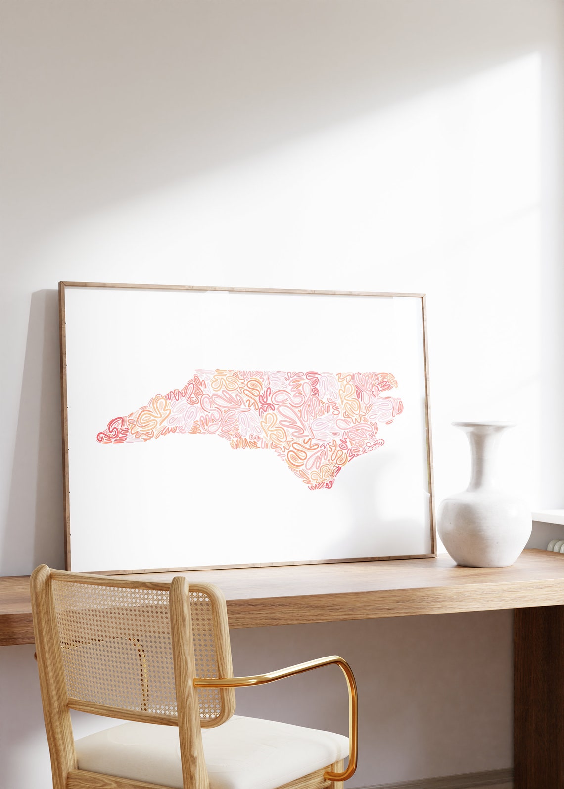 North Carolina State Map Wall Art – Pink & Coral Digital Print ...