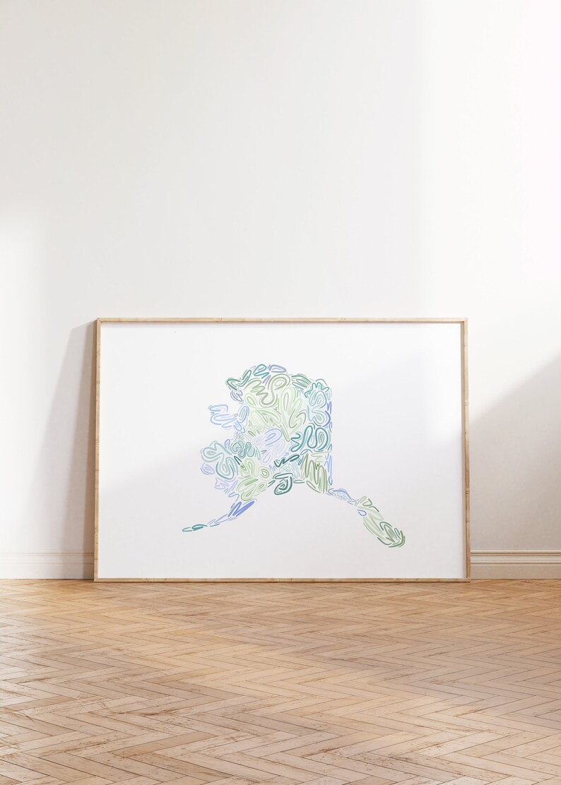 Alaska State Map Art Print - AK Map Poster, Whimsical Alaska Sage Green ...