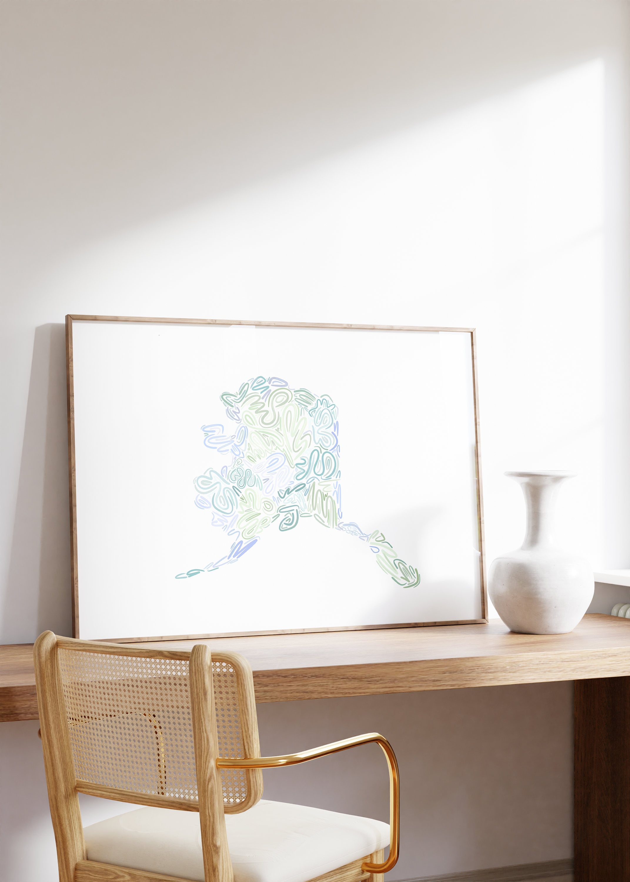 Alaska State Map Art Print - AK Map Poster, Whimsical Alaska Sage Green ...