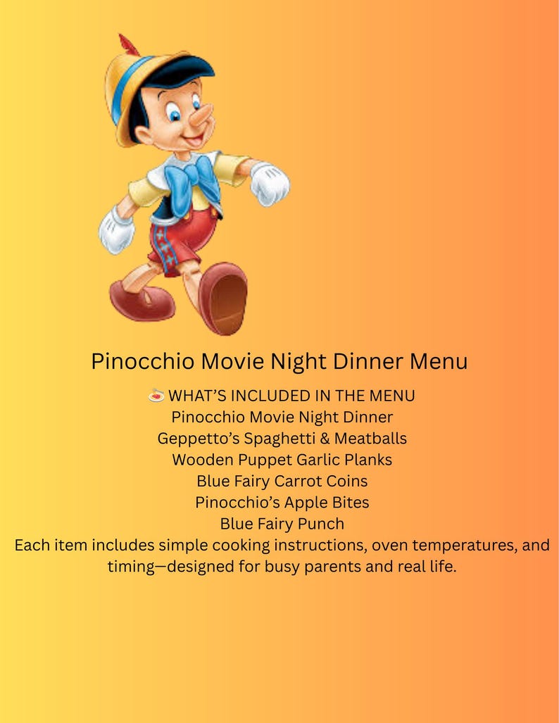 Pinocchio Movie Night Dinner Menu | Disney Family Movie Night ...