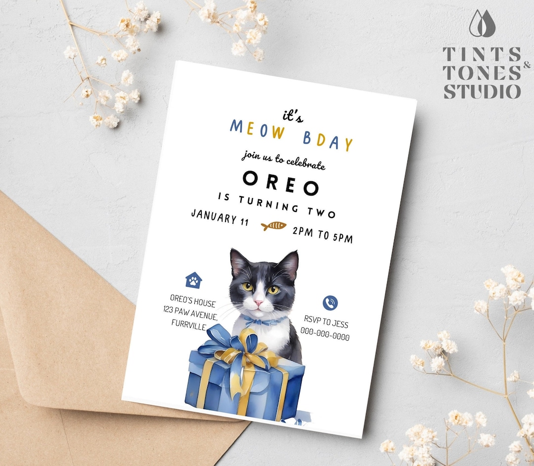 Editable Birthday Invitation Cat Birthday Party Invitation Template ...
