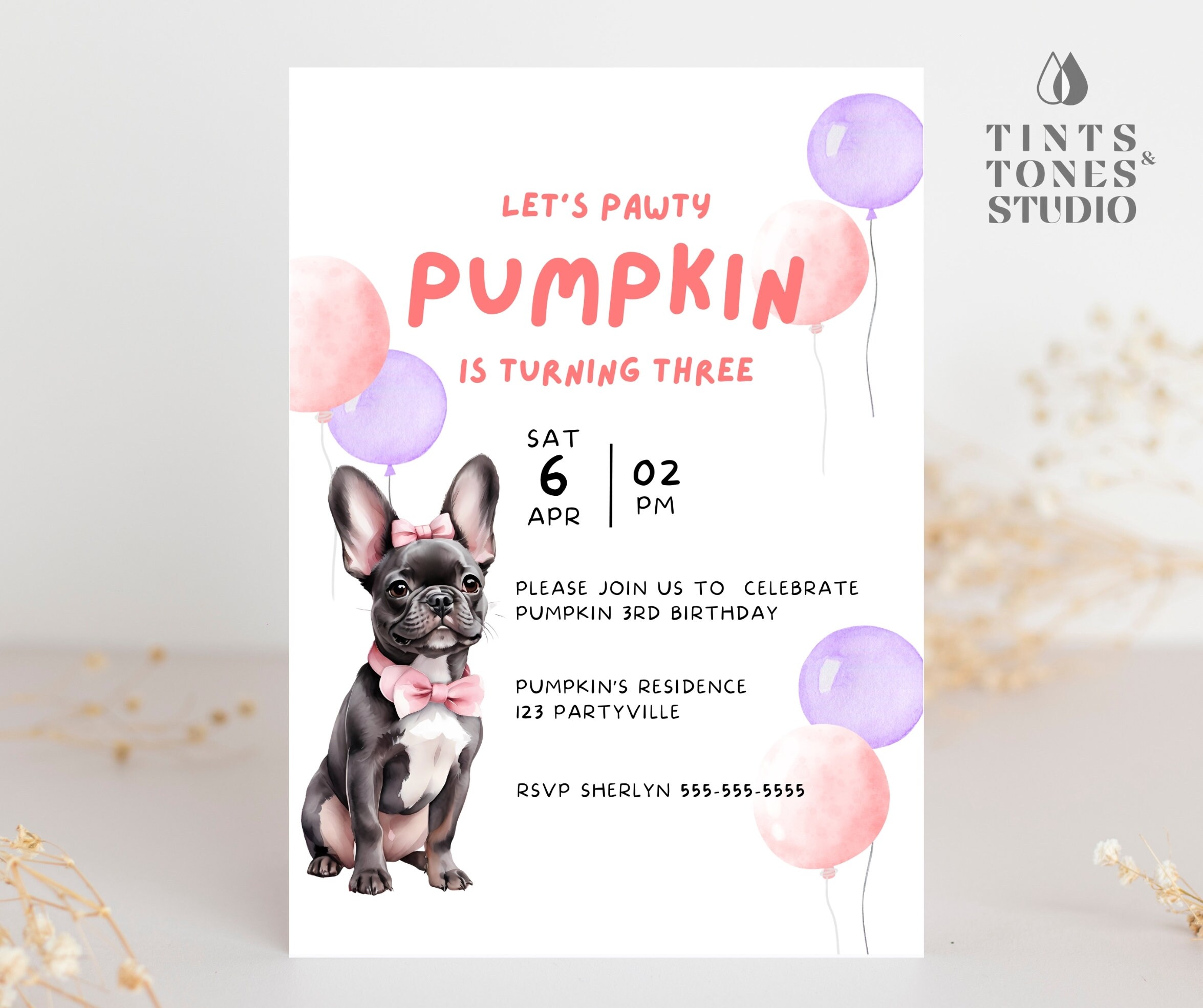 French Bulldog Puppy Birthday Invitation: Pink Watercolor (editable ...