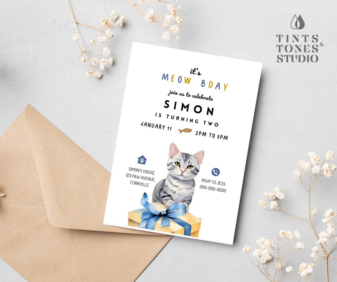 Editable Birthday Invitation Cat Birthday Party Invitation Template ...