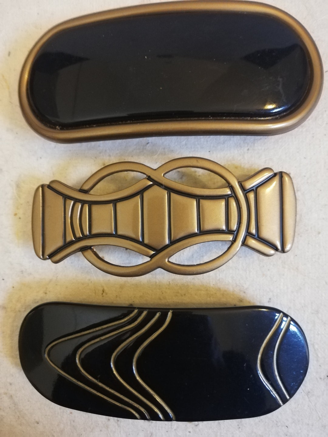 Vintage Barrette Set From the 70s and 80s, Black and Gold, Made in ...