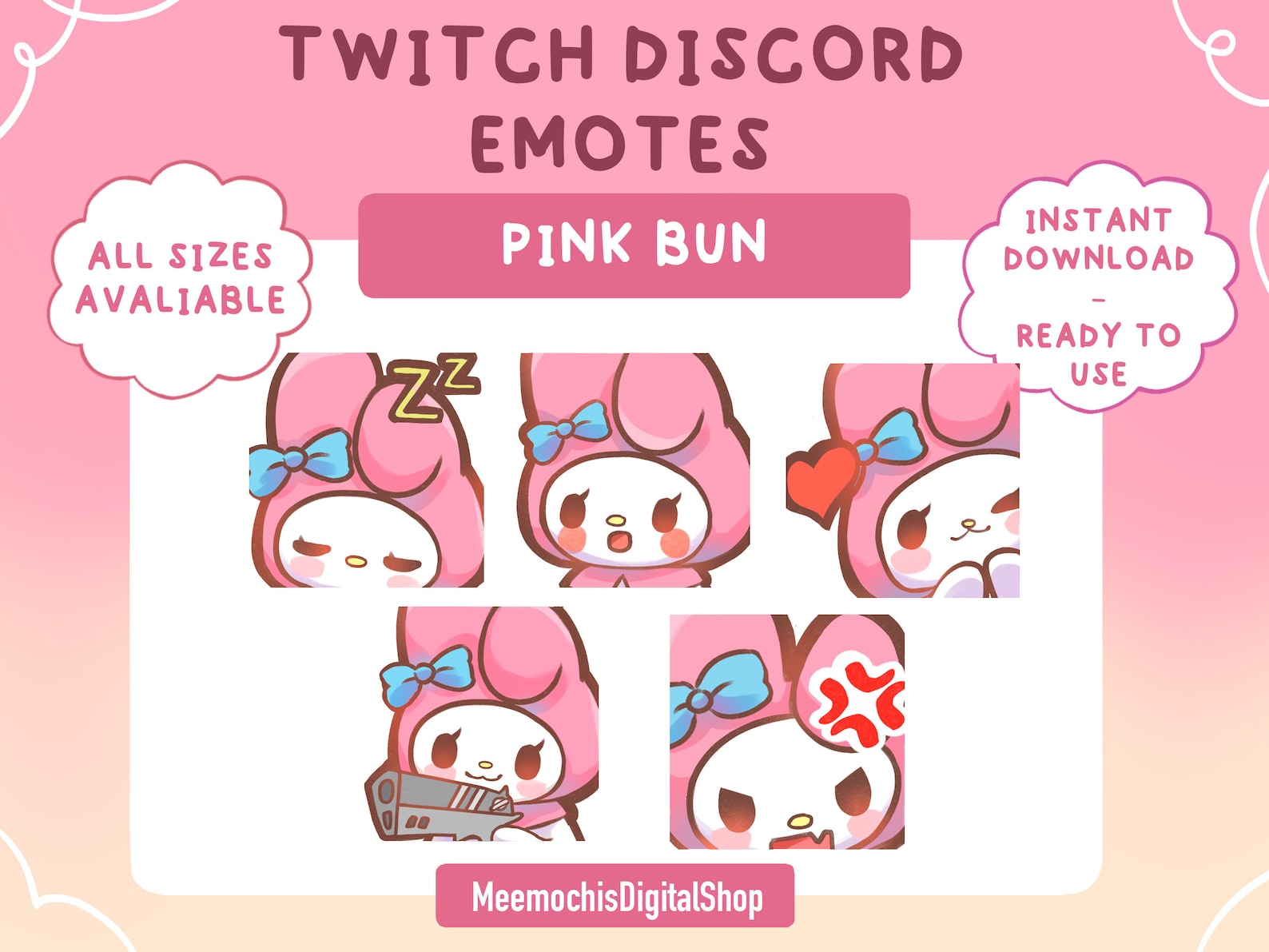 Pink Bun Emote Pack (5)｜emotes Twitch Discord Badges｜cute Sleep Sleepy ...