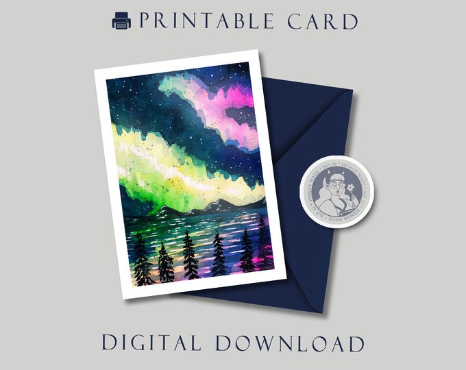 Aurora Borealis Card Northern Lights Moon Glowing Winter Sky ...
