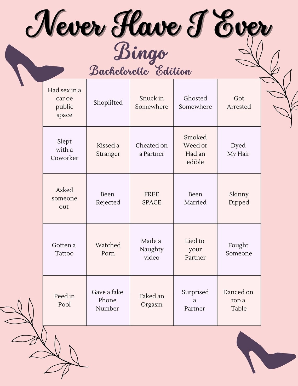Never Have I Ever Bingo Bachelorette Party Game - Etsy