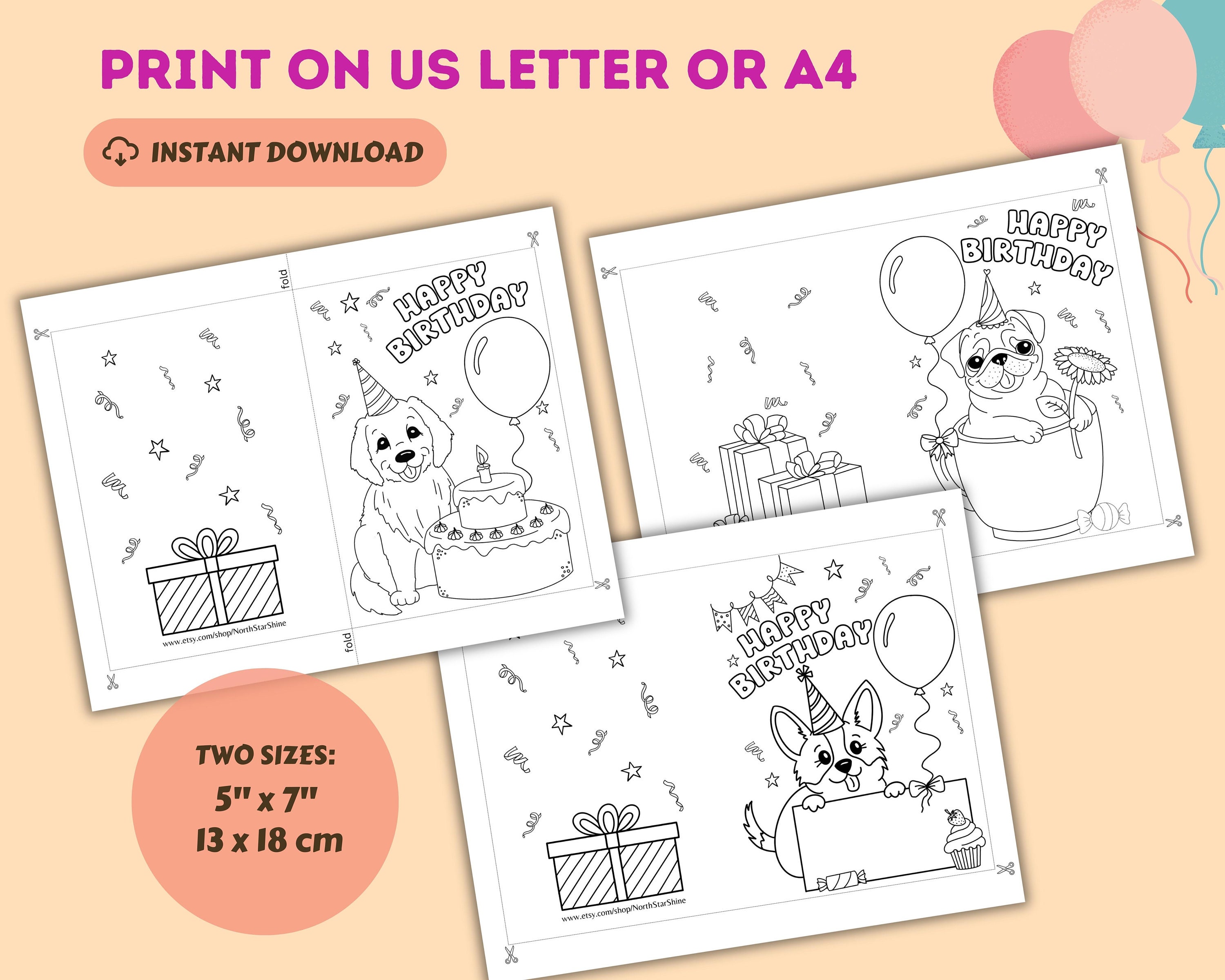 6 Birthday Coloring Cards With Cute Dogs: Printable Kids Activity ...