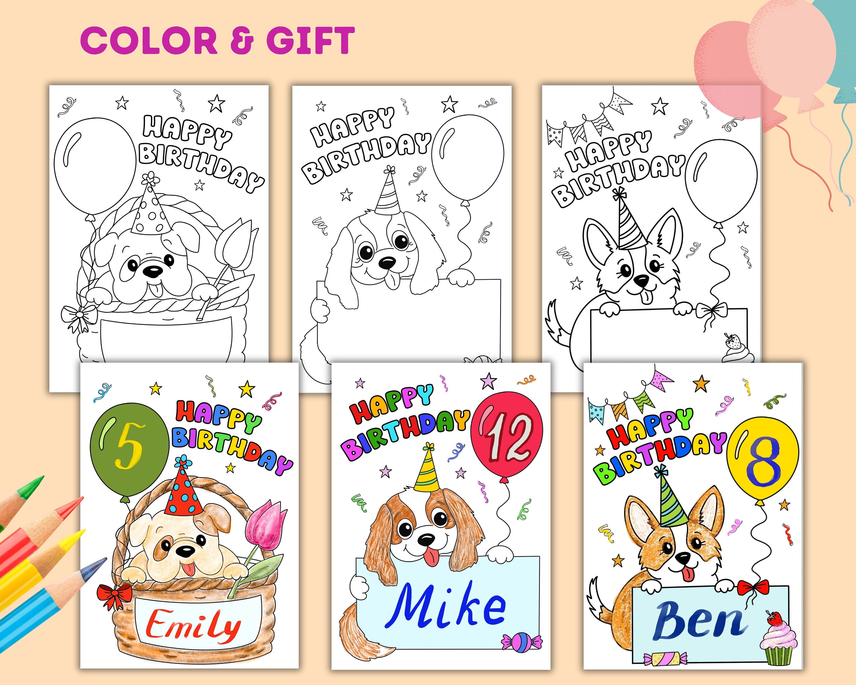 6 Birthday Coloring Cards With Cute Dogs: Printable Kids Activity ...