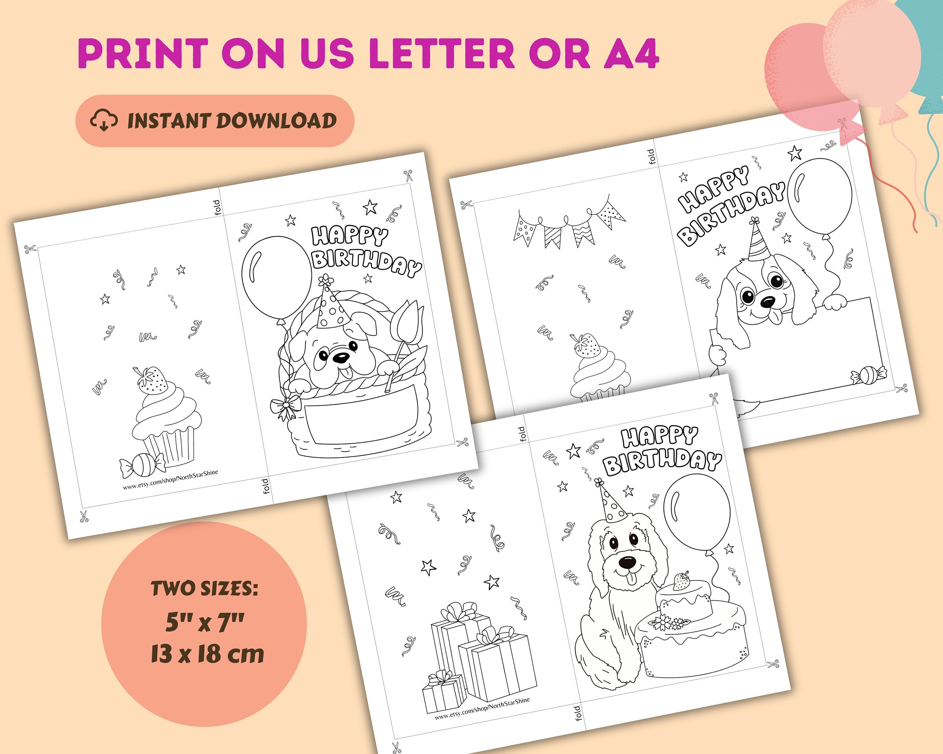 6 Birthday Coloring Cards With Cute Dogs: Printable Kids Activity ...