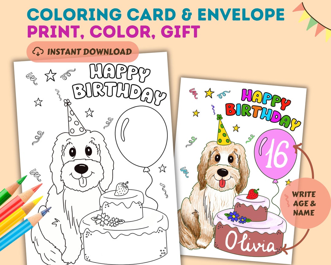 Happy Birthday Labradoodle Coloring Card With Envelope (printable PDF ...