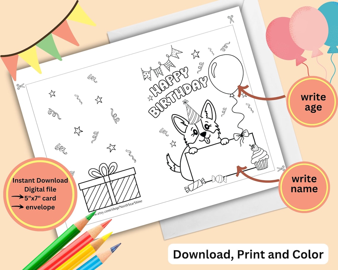 Happy Birthday Cute Corgi Printable Coloring Card With - Etsy