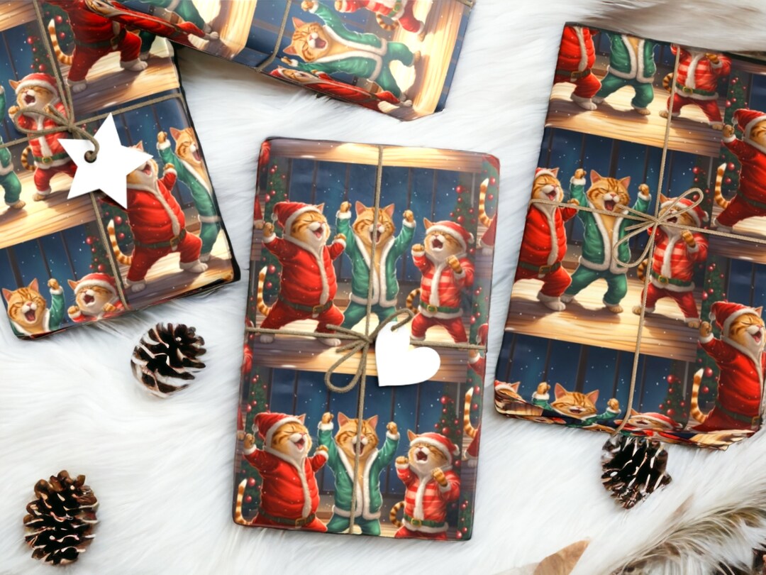 Cats in Christmas Pajamas Wrapping Paper, Holiday Wrap, Gift Wrap Paper ...