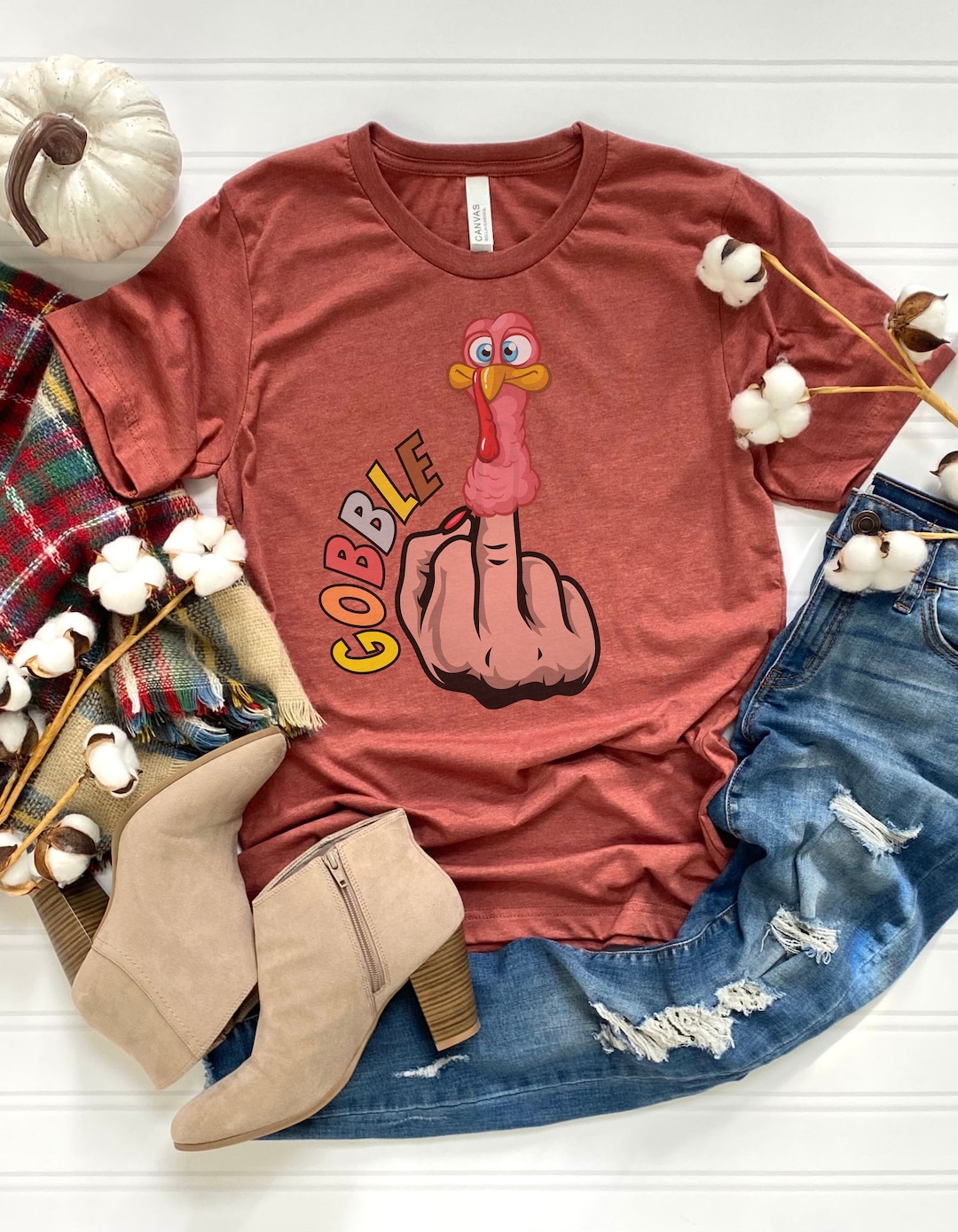 Gobble Middle Finger, Thanksgiving Top, Fall Fashion Women Shirt, Retro ...