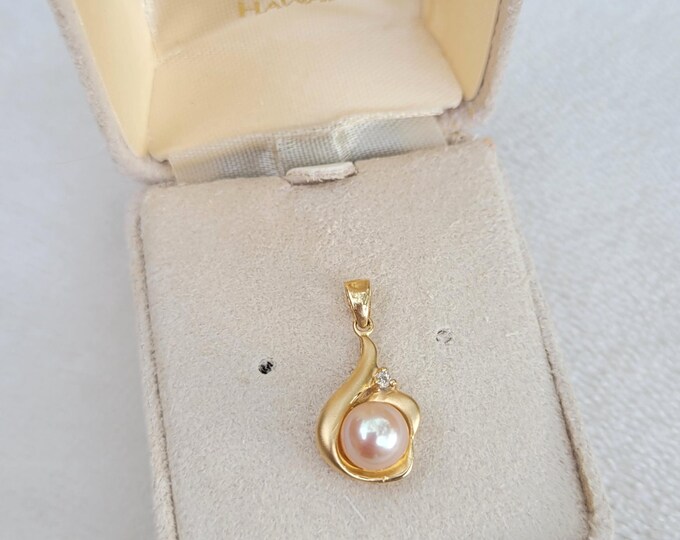 Vtg 14k Yellow Gold Pearl & Diamond Pendant Maui Divers of Hawaii W ...