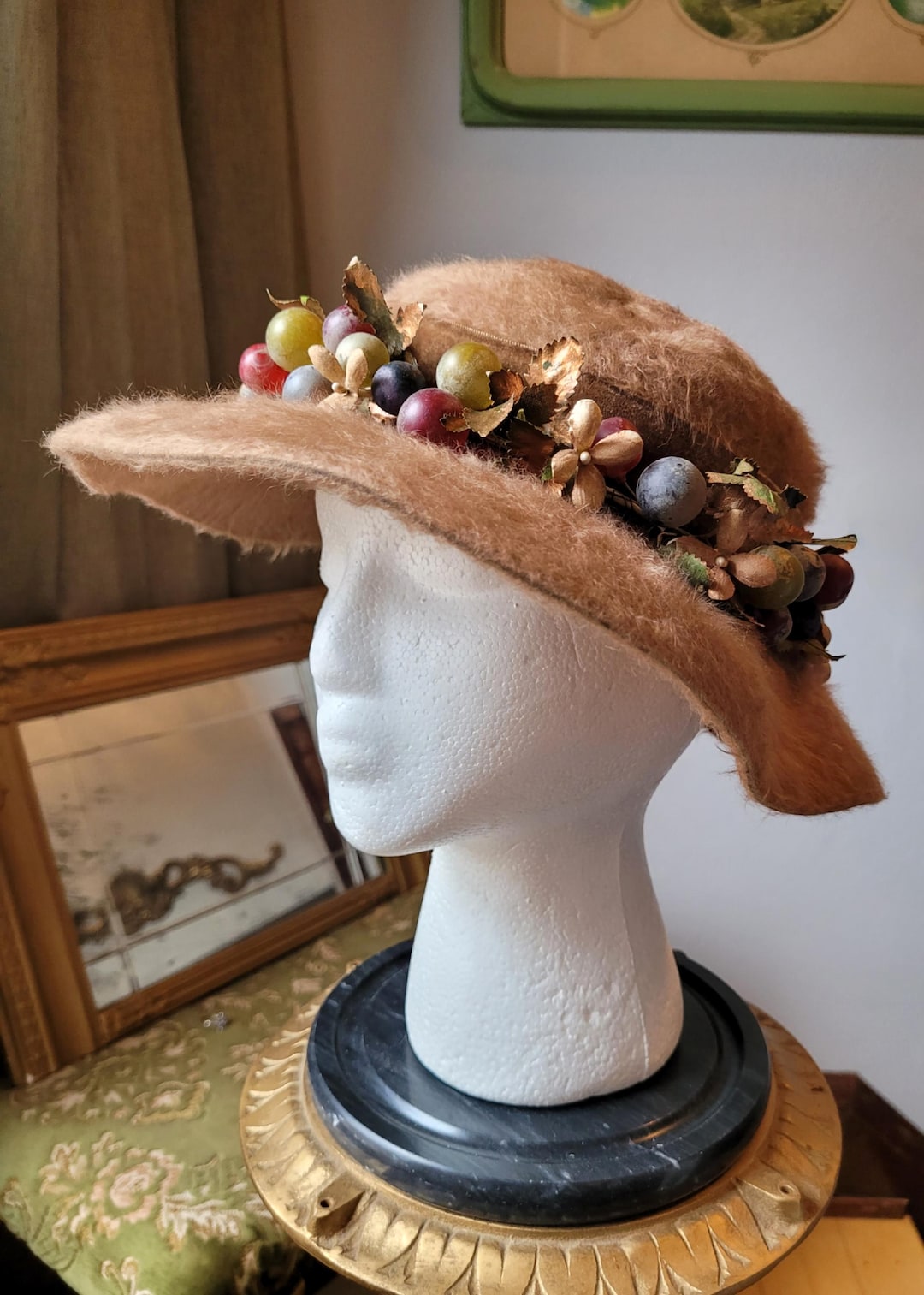 Vintage Pogue's Cincinnati Angora Fur Fruit Grapes Beige Velvet Bow Hat ...