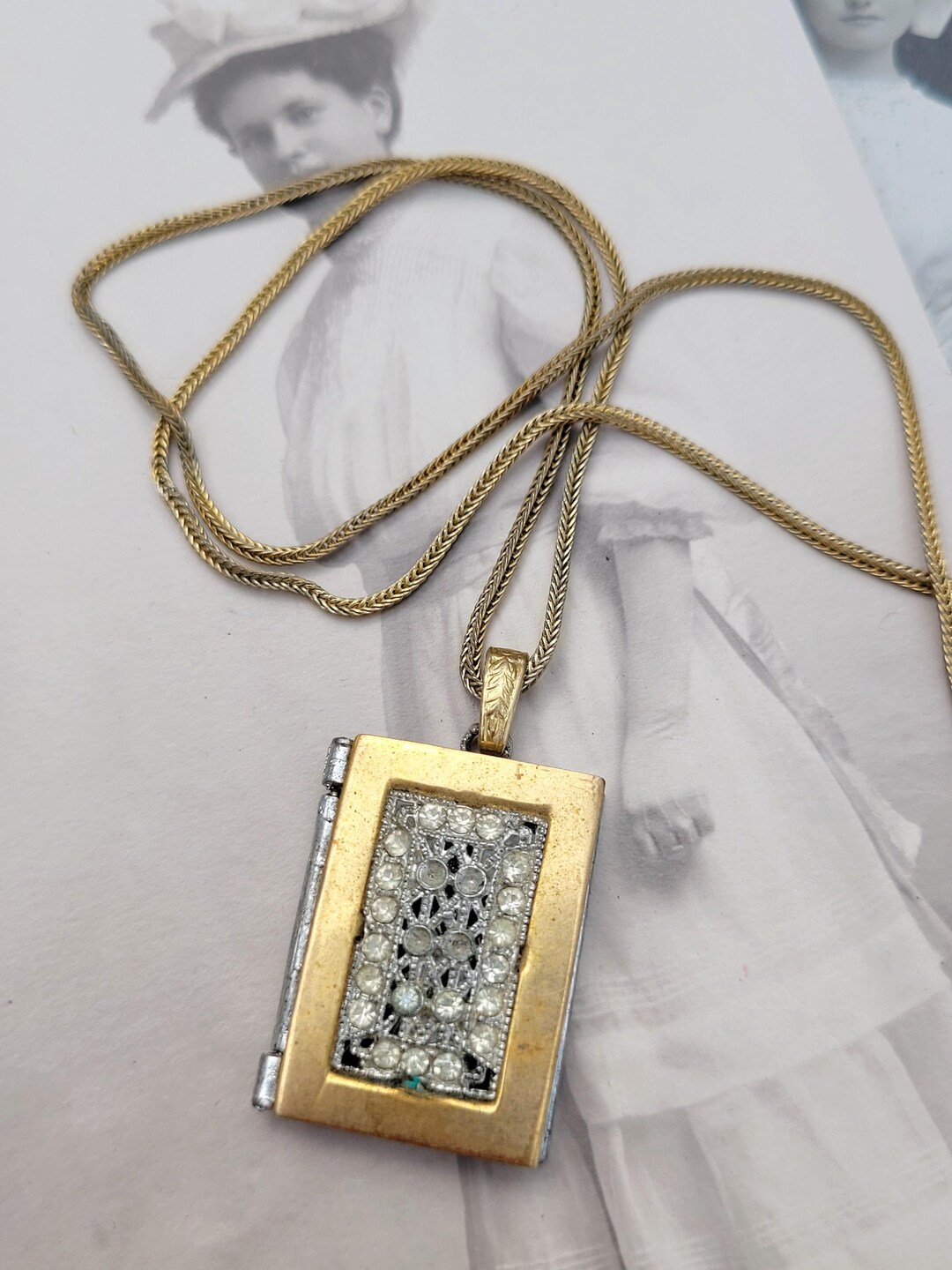 Vintage Art Deco Gold & Silver Tone Book-shaped Locket Pendant Necklace ...