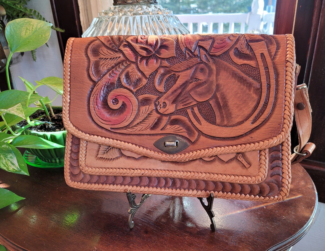 Vintage Hand-tooled Leather Horse Roses Purse Hand Bag 2-sided Western ...
