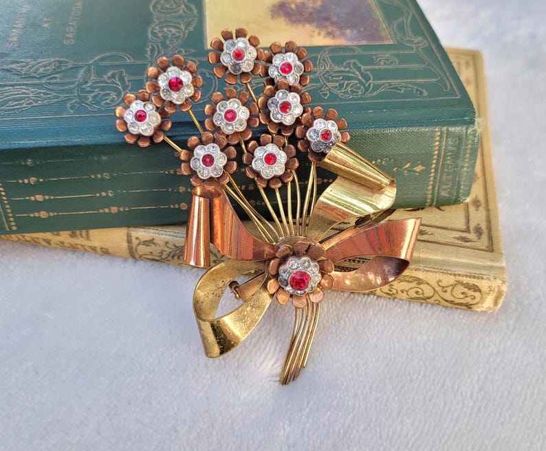 Vintage Ww2-era Red Rhinestone Floral Rose Gold & Yellow Gold Filled ...