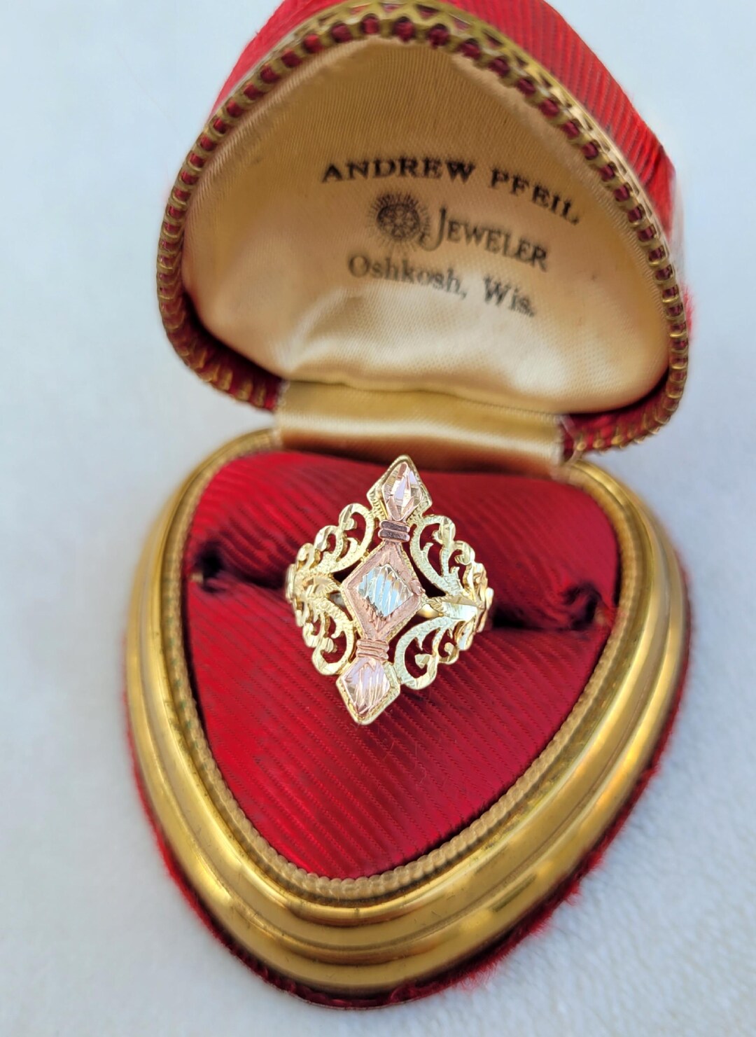 Vintage 10k Solid Gold Tri-color Rose Yellow White Filigree Diamond Cut ...