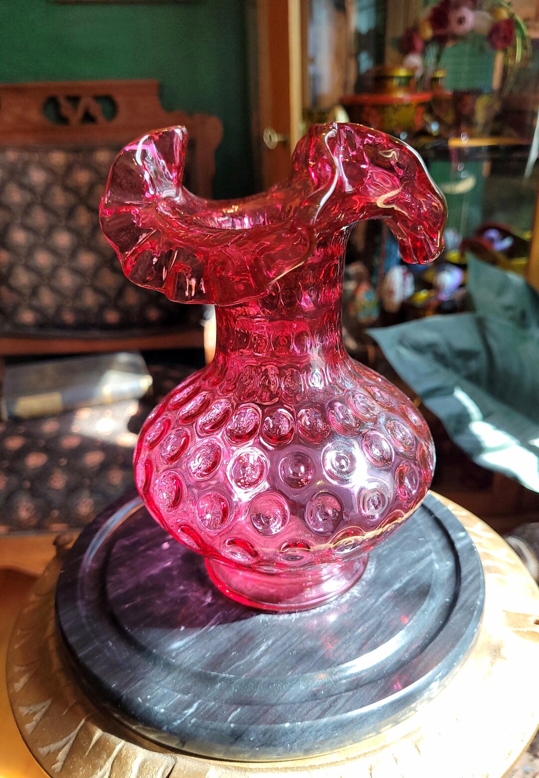 Vintage Fenton Cranberry Glass Ruffle Top Red Thumbprint Vase - Etsy