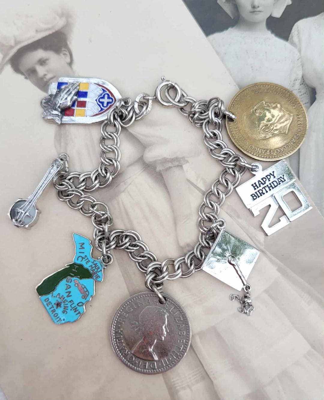 Vintage Sterling Silver Michigan Coins Banjo Grad 7 Charm Bracelet 7 ...