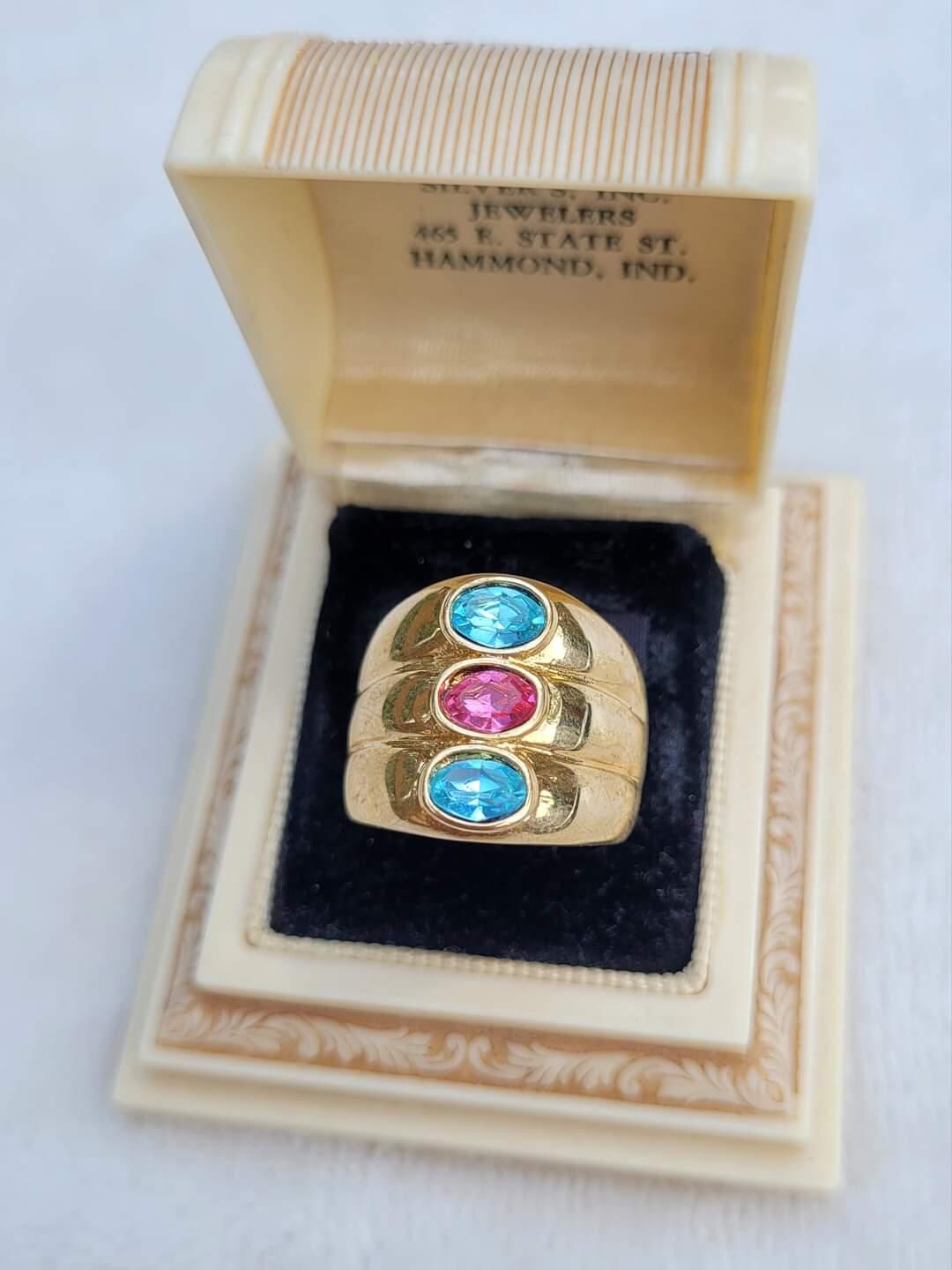 NOS NWT Vintage ESPO 14k Yellow Gold Hge Blue & Pink Stone Stacked Ring ...