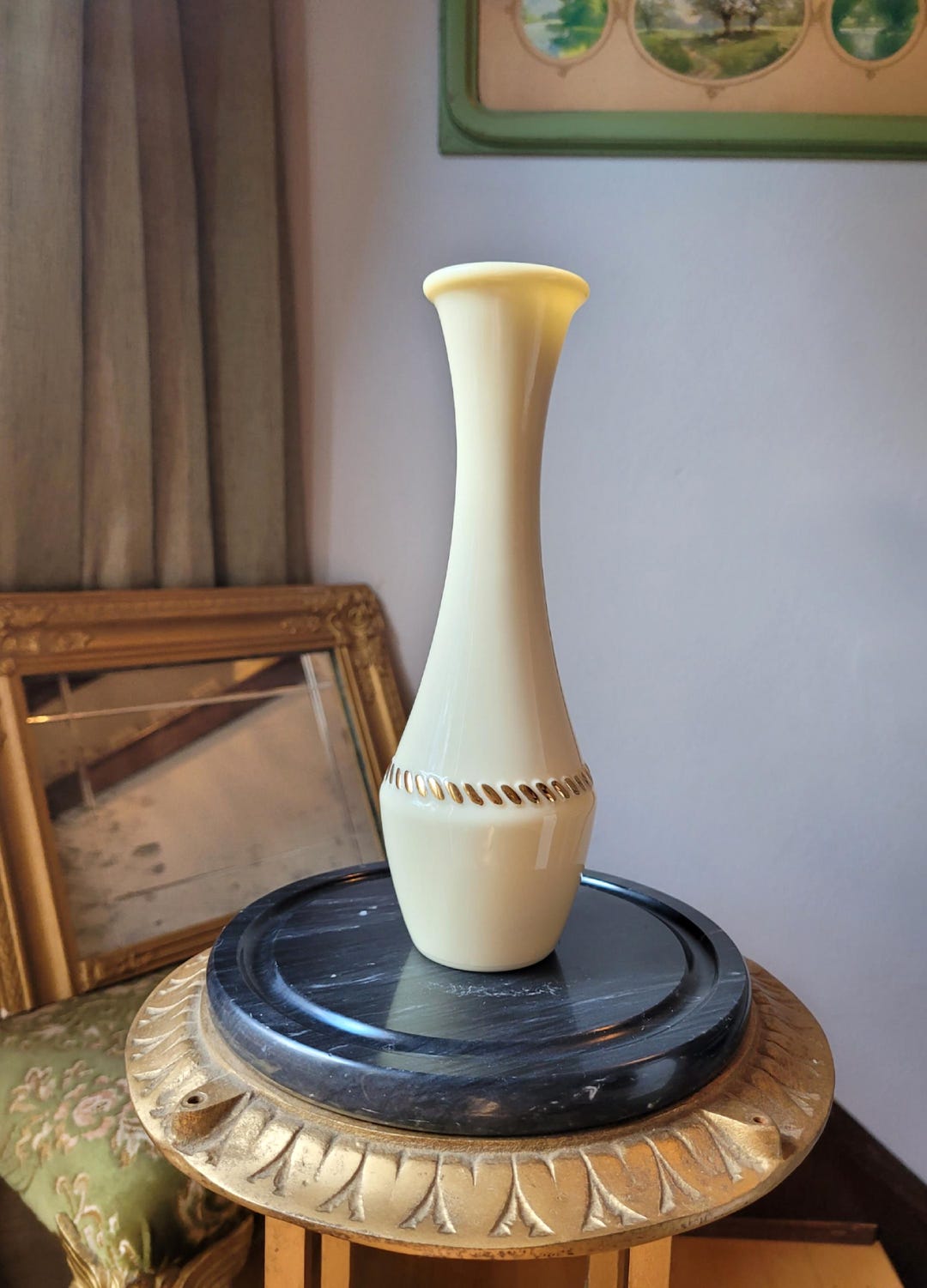 Vintage Wheaton Ware Cream Custard Glass Vase Gold Accent Trim Fluted 9 ...