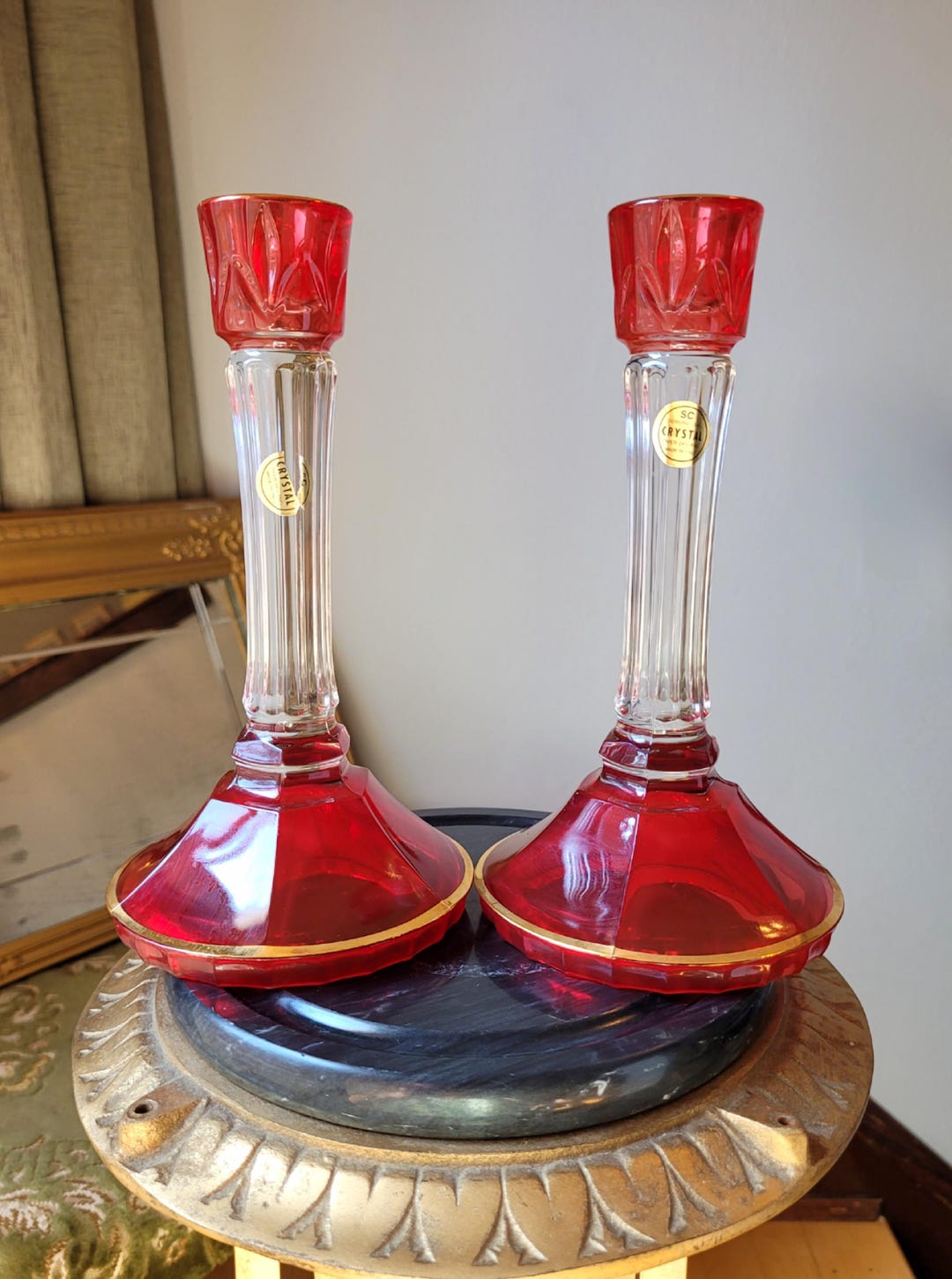 Vintage Italian Lead Crystal Red Candlestick Holders Gold Trim - Set of ...