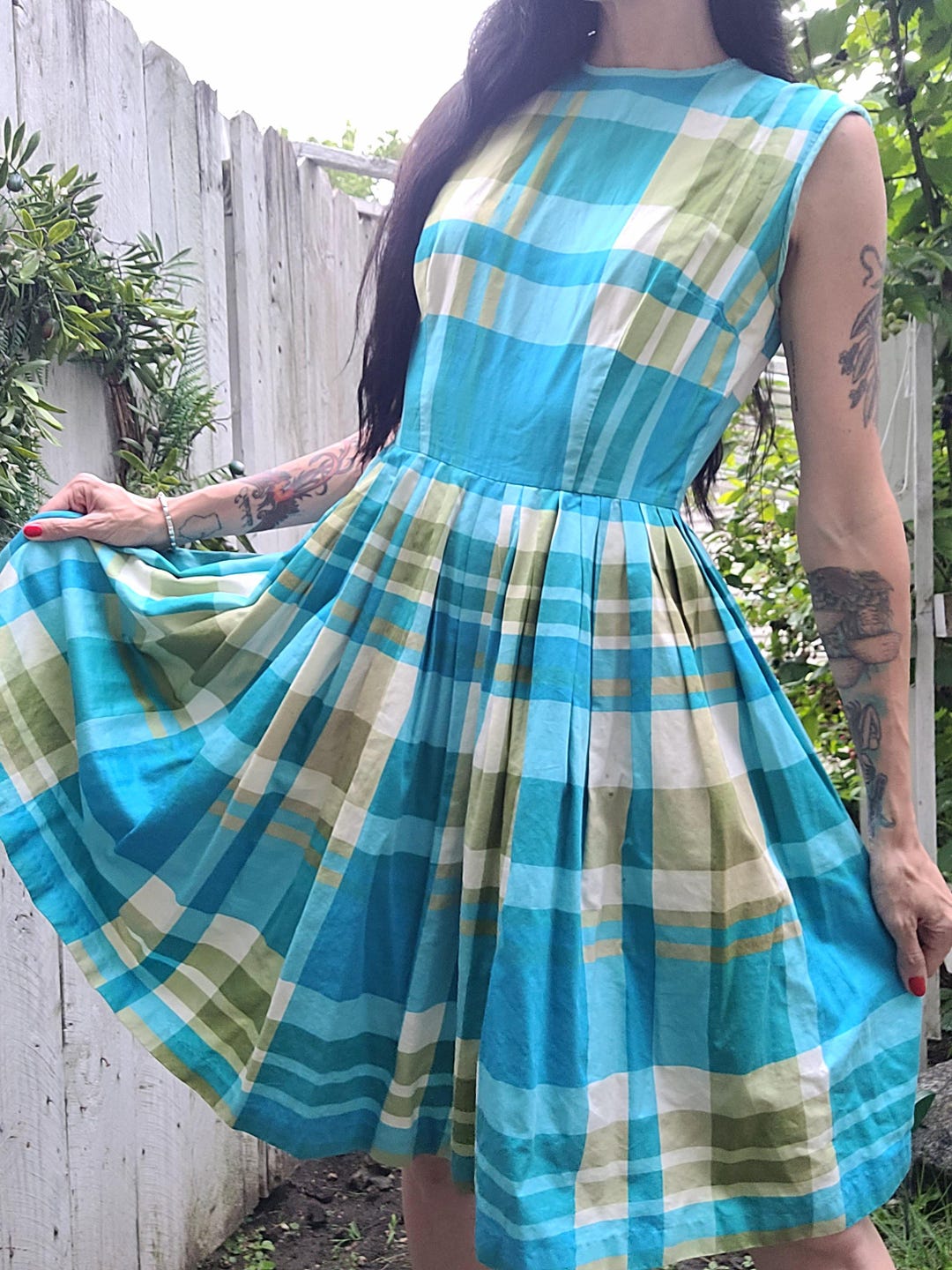 Vintage Richard Shops UK Green & Blue Plaid Pinup Day Dress Midi Mid ...