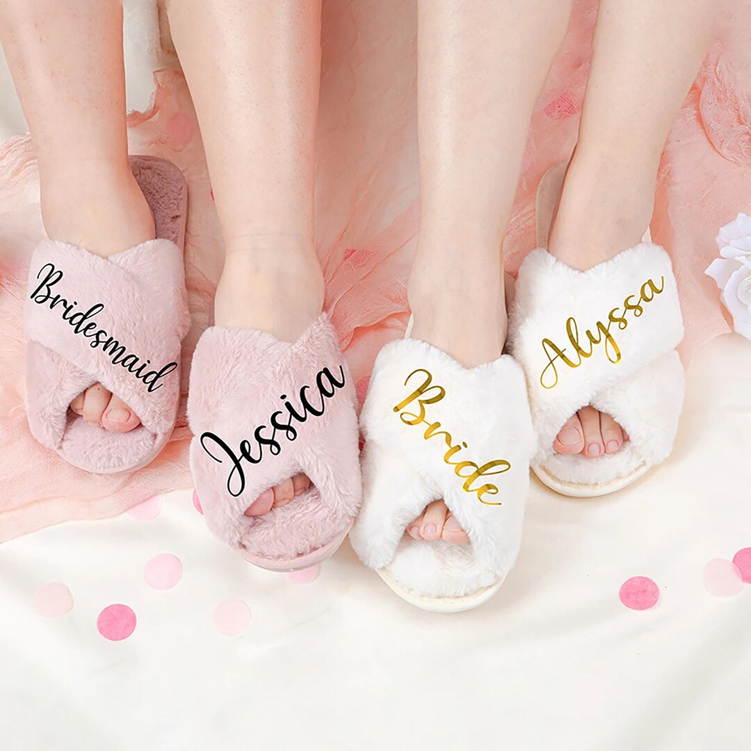 Custom Bridal Slippers,personalized Fluffy Slippers,fluffy Cross ...