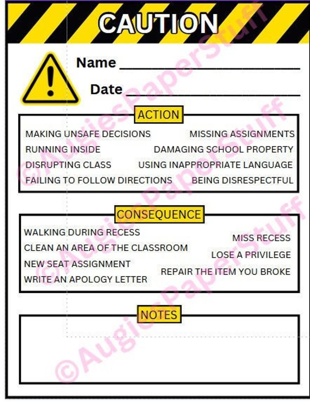 Caution Classroom/behavior Management Slip PDF - Etsy