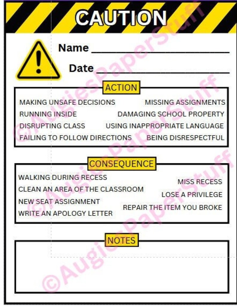 Caution Classroom/behavior Management Slip PDF - Etsy