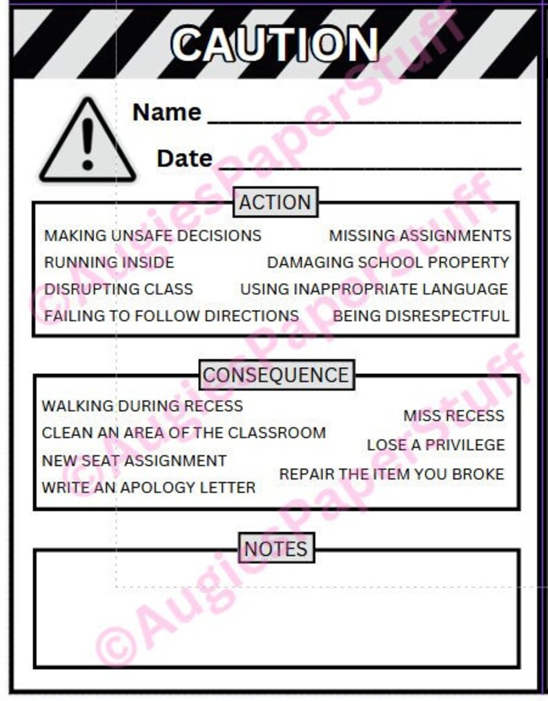 Caution Classroom/behavior Management Slip PDF - Etsy