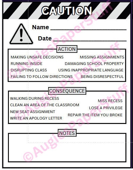 Caution Classroom/behavior Management Slip PDF - Etsy