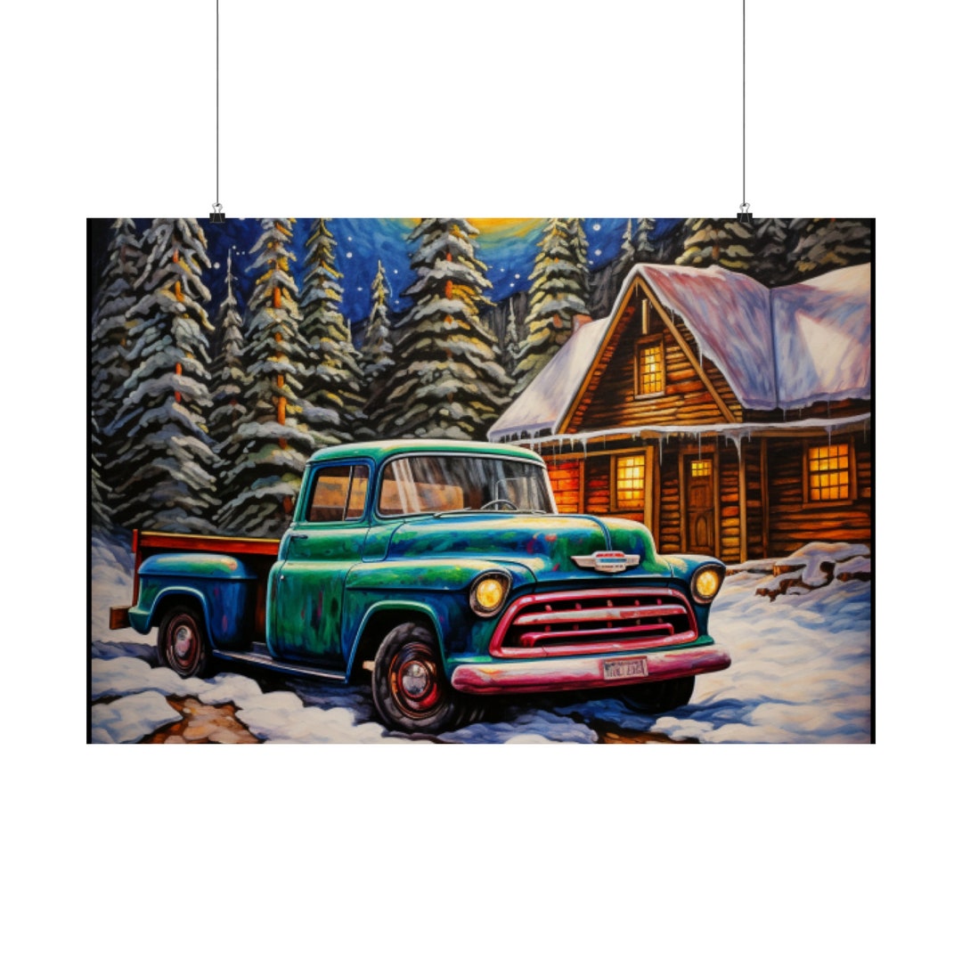 Winter Wonderland Log Cabin With Vintage Chevy Truck Matte Finish ...